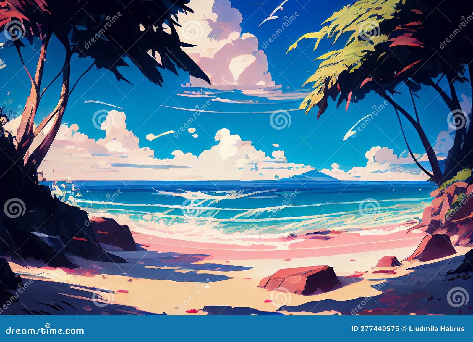Anime Beautiful Beach with Palm Trees. Generative AI, Generative, AI ...