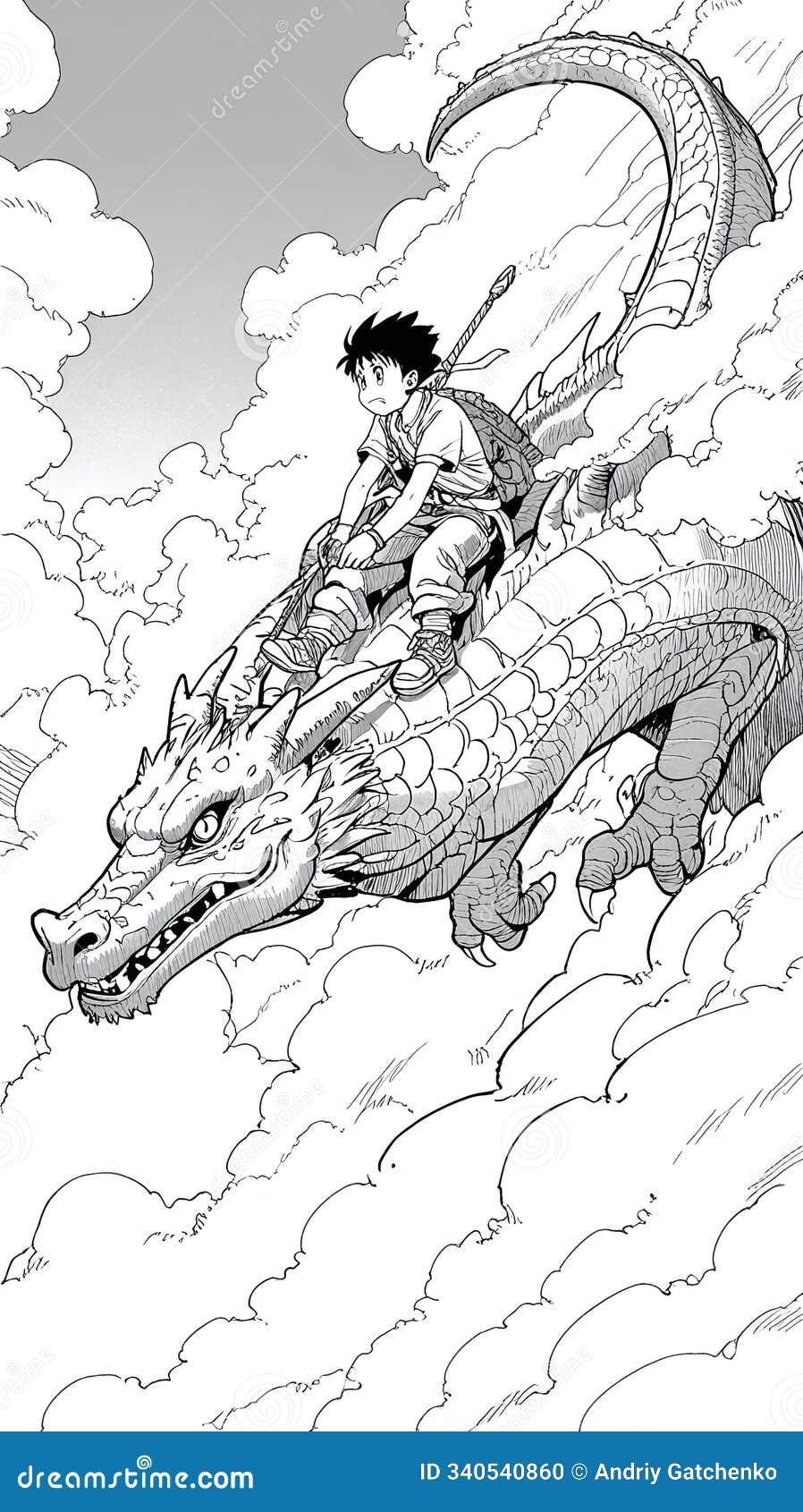 Anime Boy Riding a Dragon through the Clouds Coloring Page Stock ...