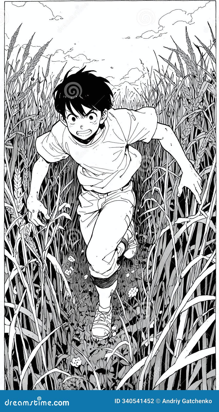 Anime Boy Running through a Field of Tall Grass Coloring Page Stock ...