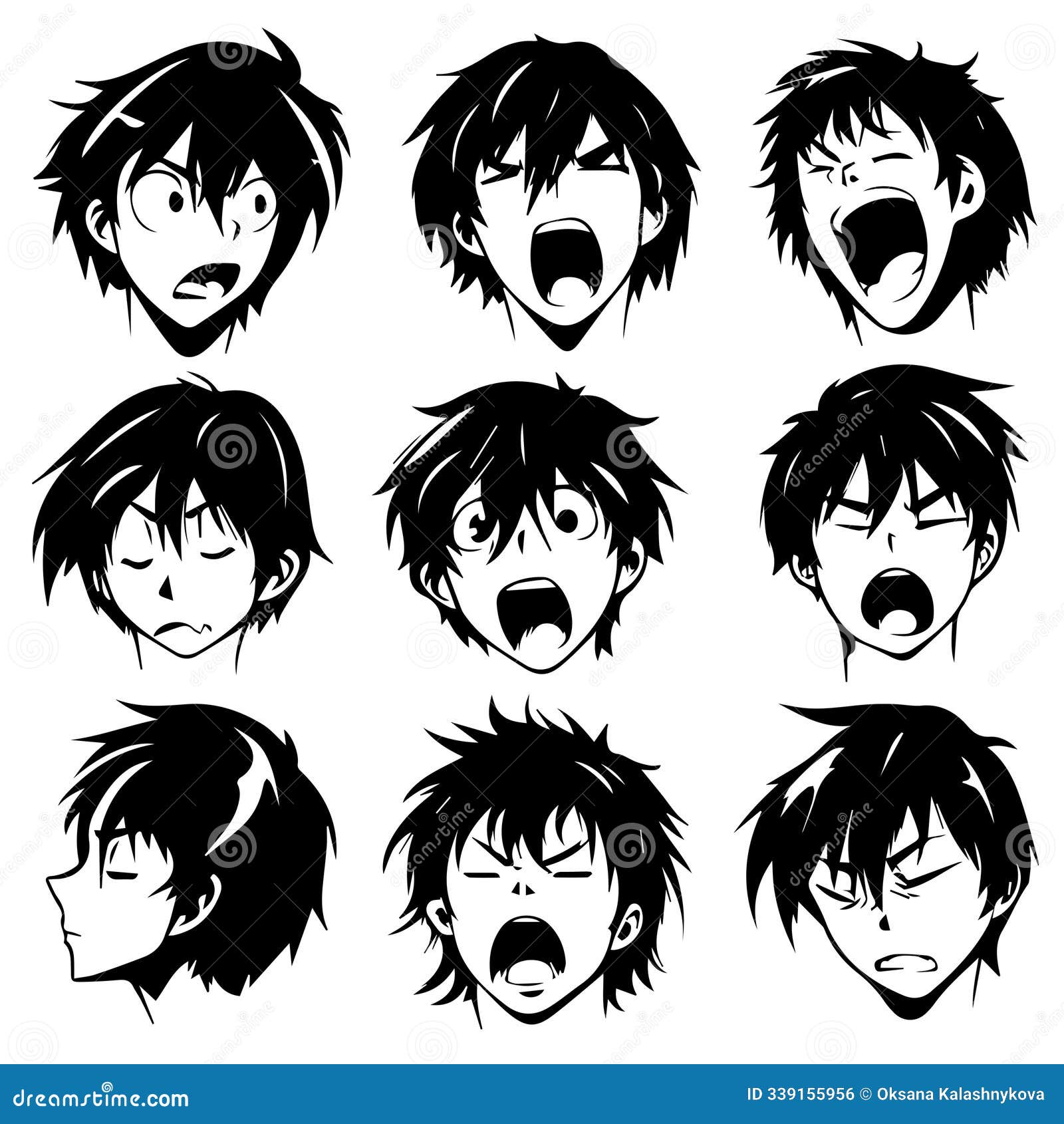 Anime Boy Silhouette Set. Set of Expressive Anime Character Faces Stock ...