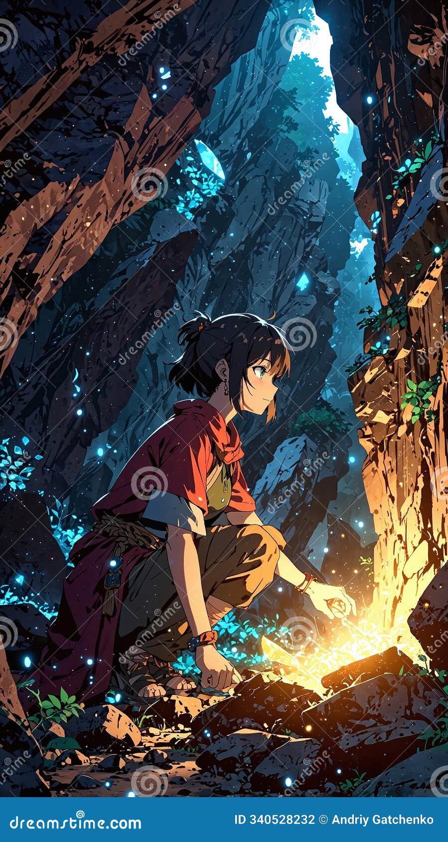 Anime Character Exploring a Hidden Cave, with Glowing Crystals and ...