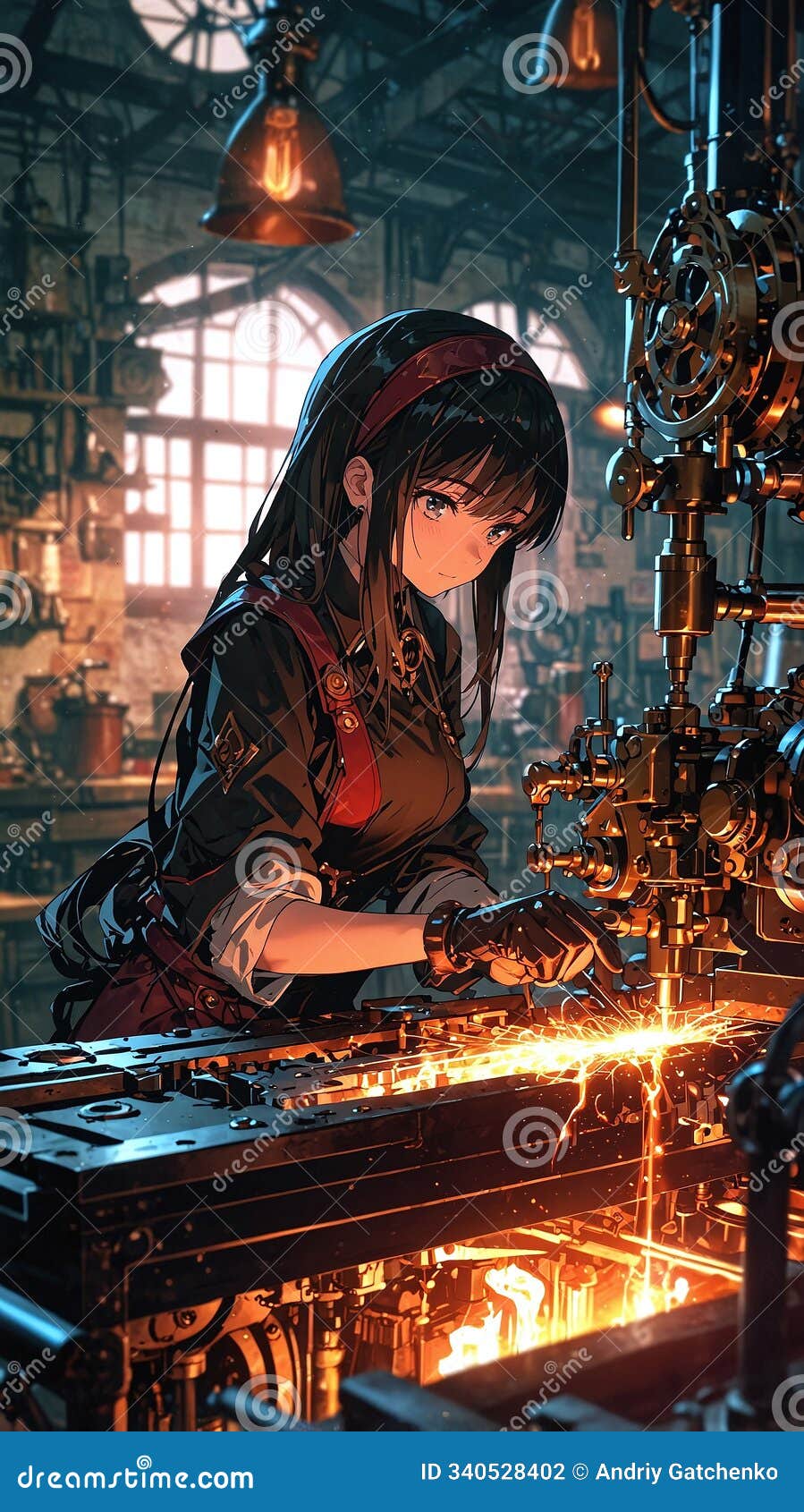 Anime Character in a Steampunk Outfit, Working on a Complex Machine in ...