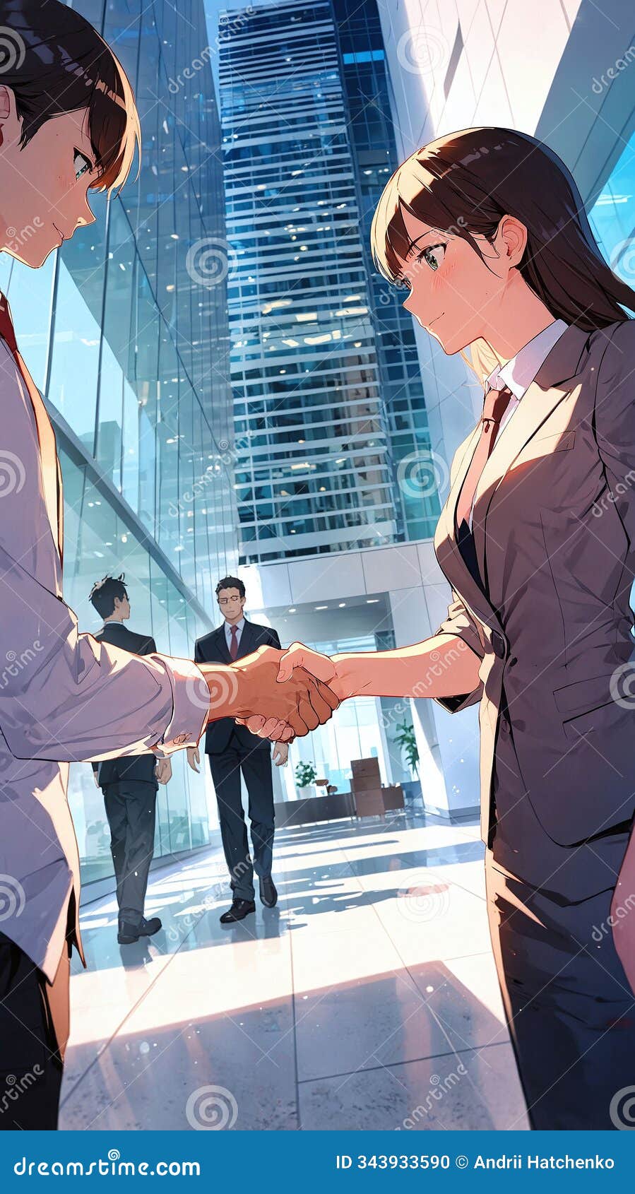 Anime Characters Shaking Hands in a Sleek Modern Business Setting Stock ...