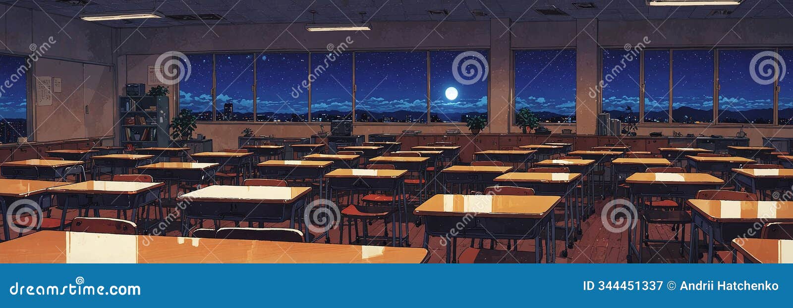 Anime Classroom at Night with Empty Desks and Moonlight Stock ...