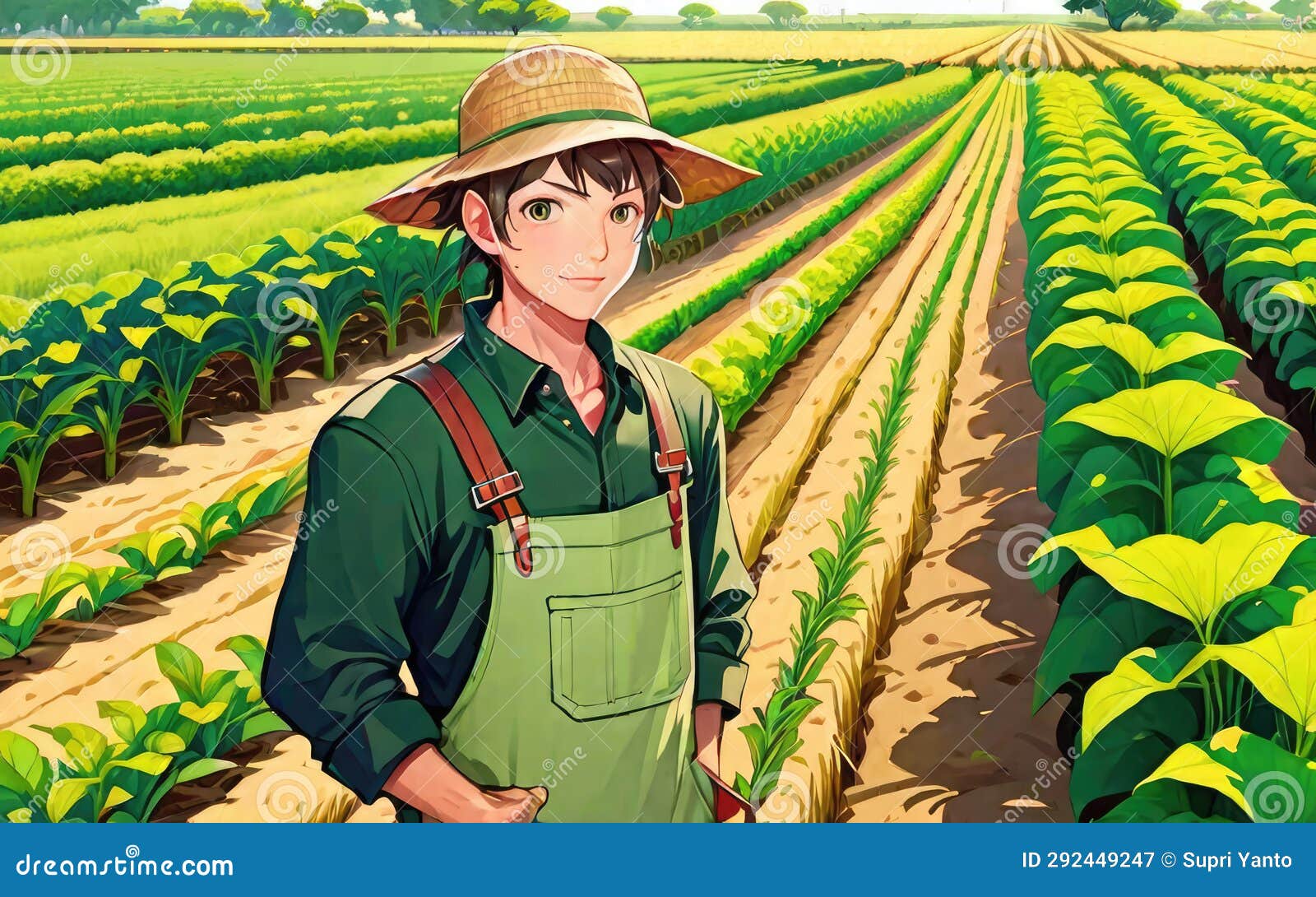 Farmer Anime a Young Boy in Activity in the Field with Plants in the ...