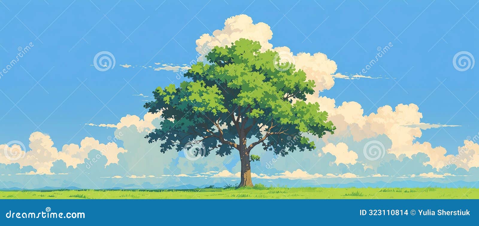 Anime Drawing of a Tree and Clouds in a Sunny Field. Stock Illustration ...