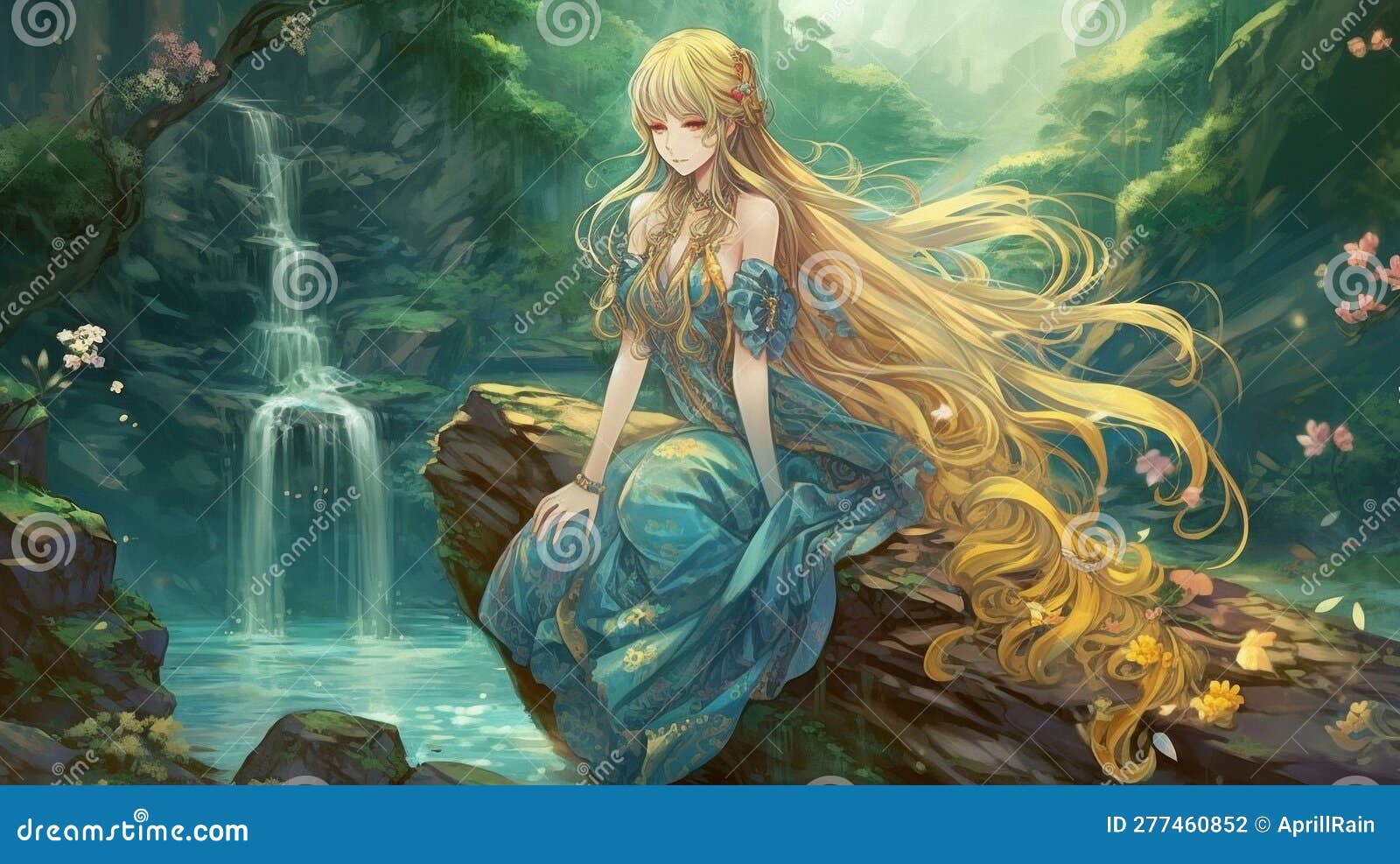 Anime Elf Female Character On The Background Of Forest River Stock Illustration Illustration