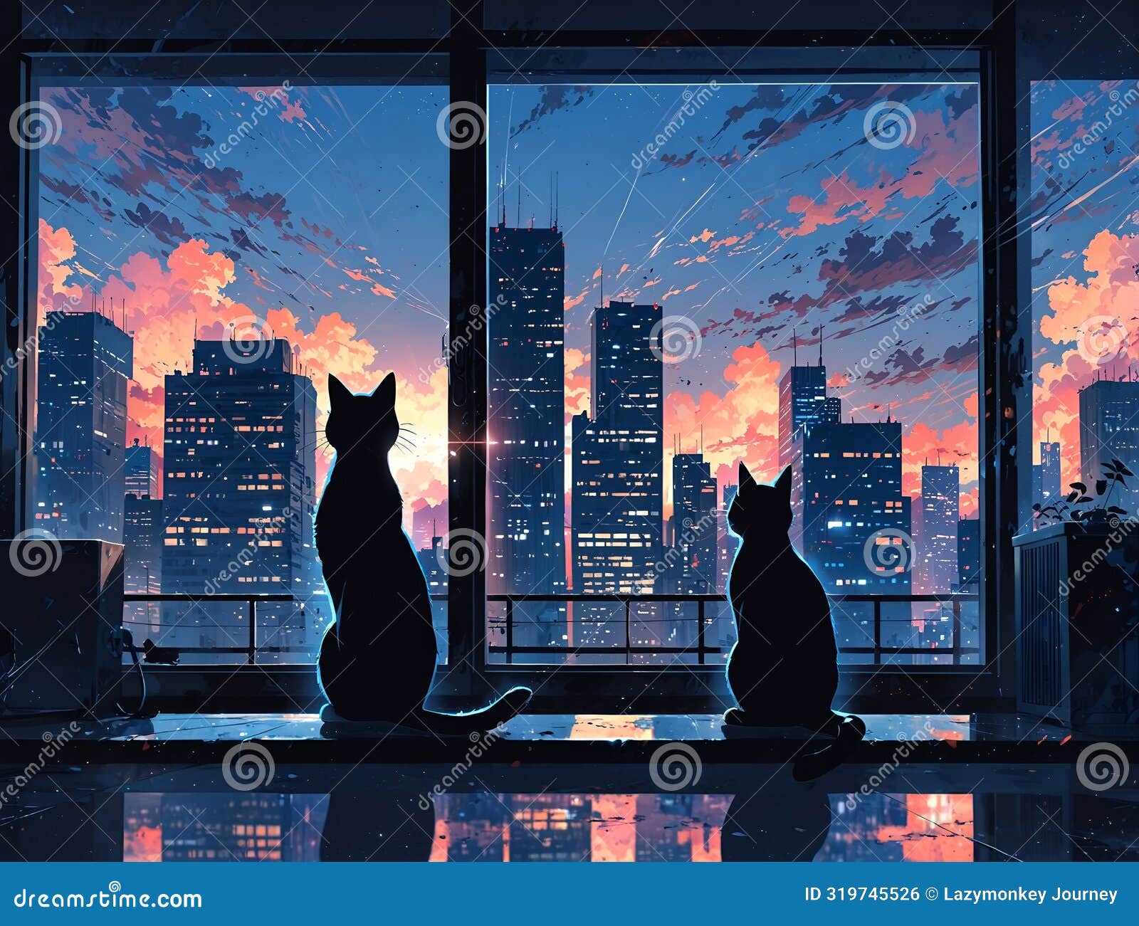 Abstract Anime Fantasy Cats are on the Window Digital Art Stock ...