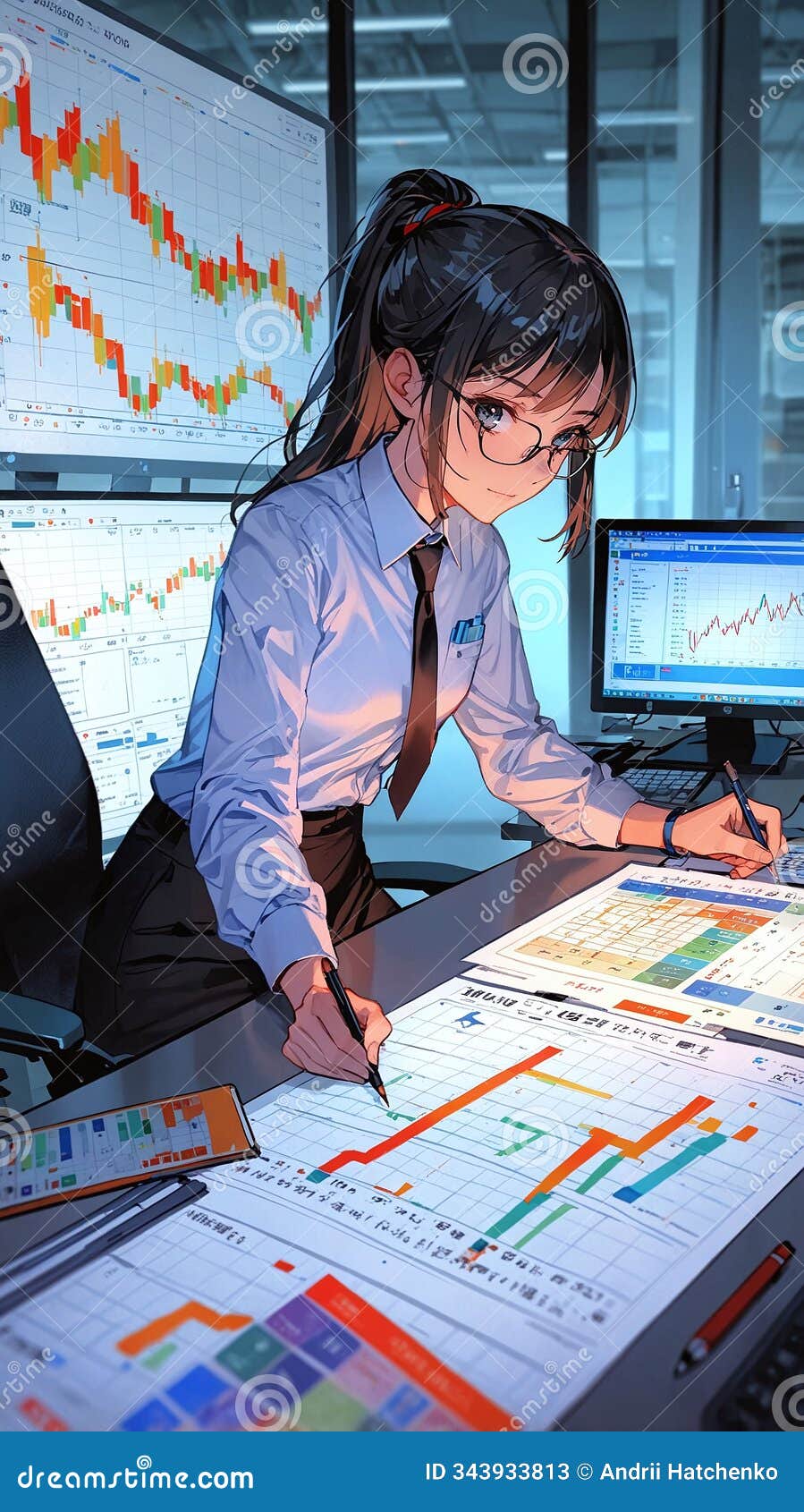 Anime Financial Analyst Working on Complex Charts in a High-tech Office ...