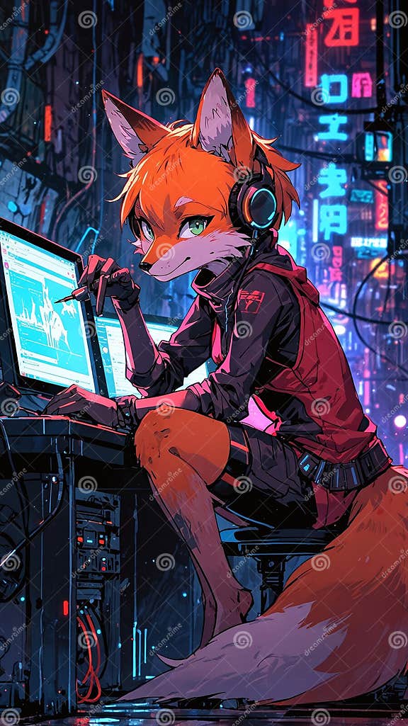 Anime Fox in Cyberpunk Setting Hacking into a Futuristic Computer ...
