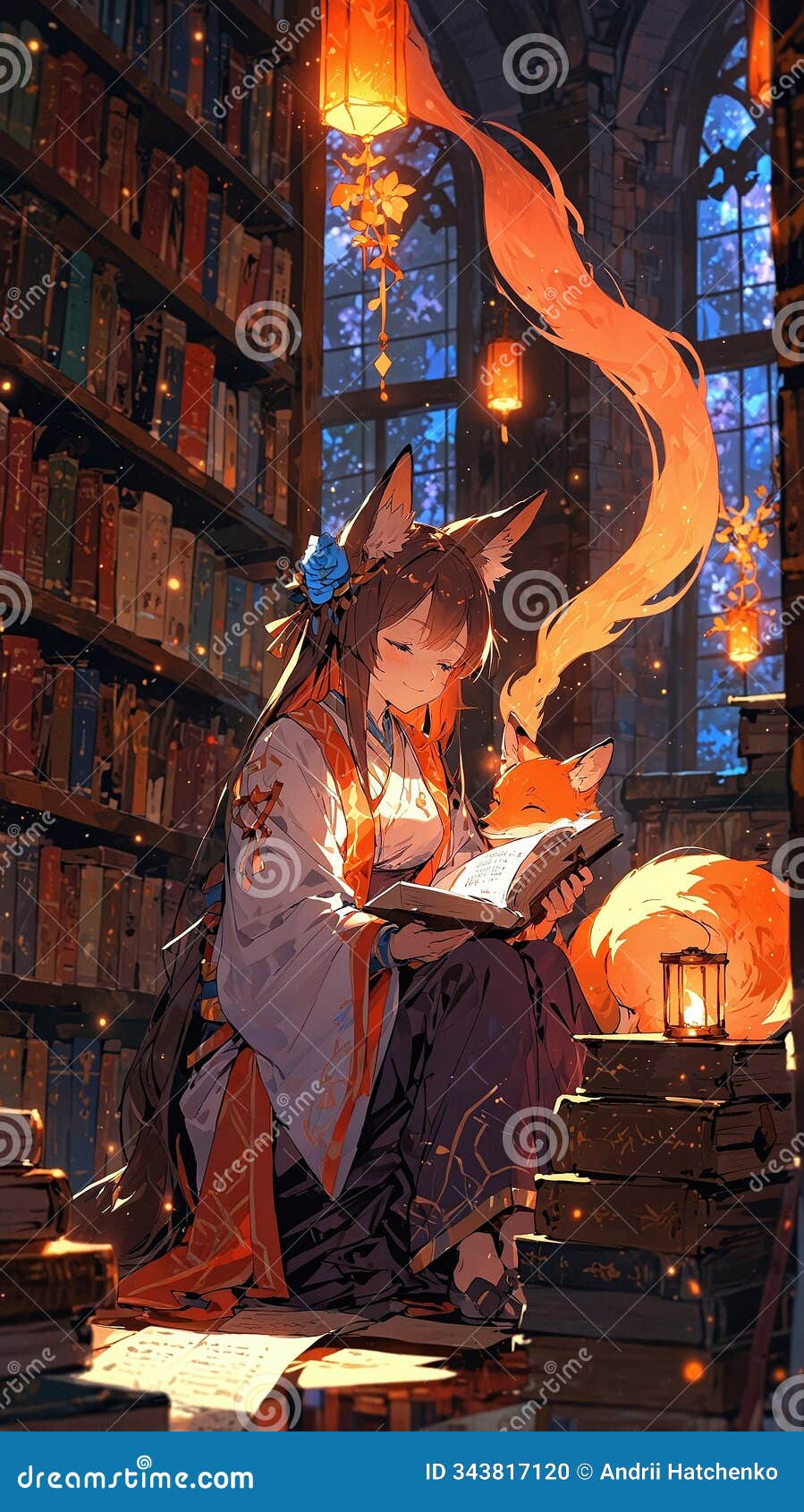 Anime Fox Scholar Reading Ancient Scrolls in a Mystical Library with ...
