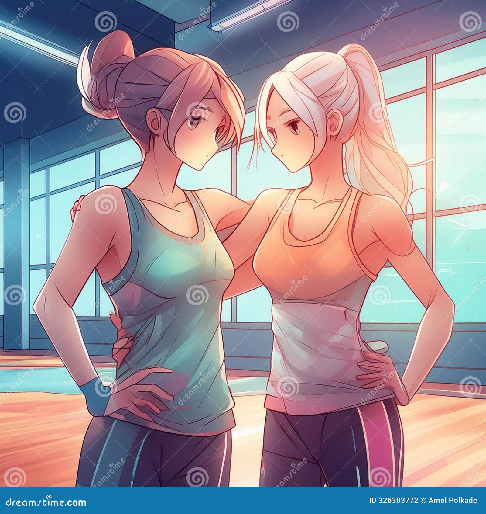 Anime Friends Supporting Each Other during a Workout Stock Illustration ...