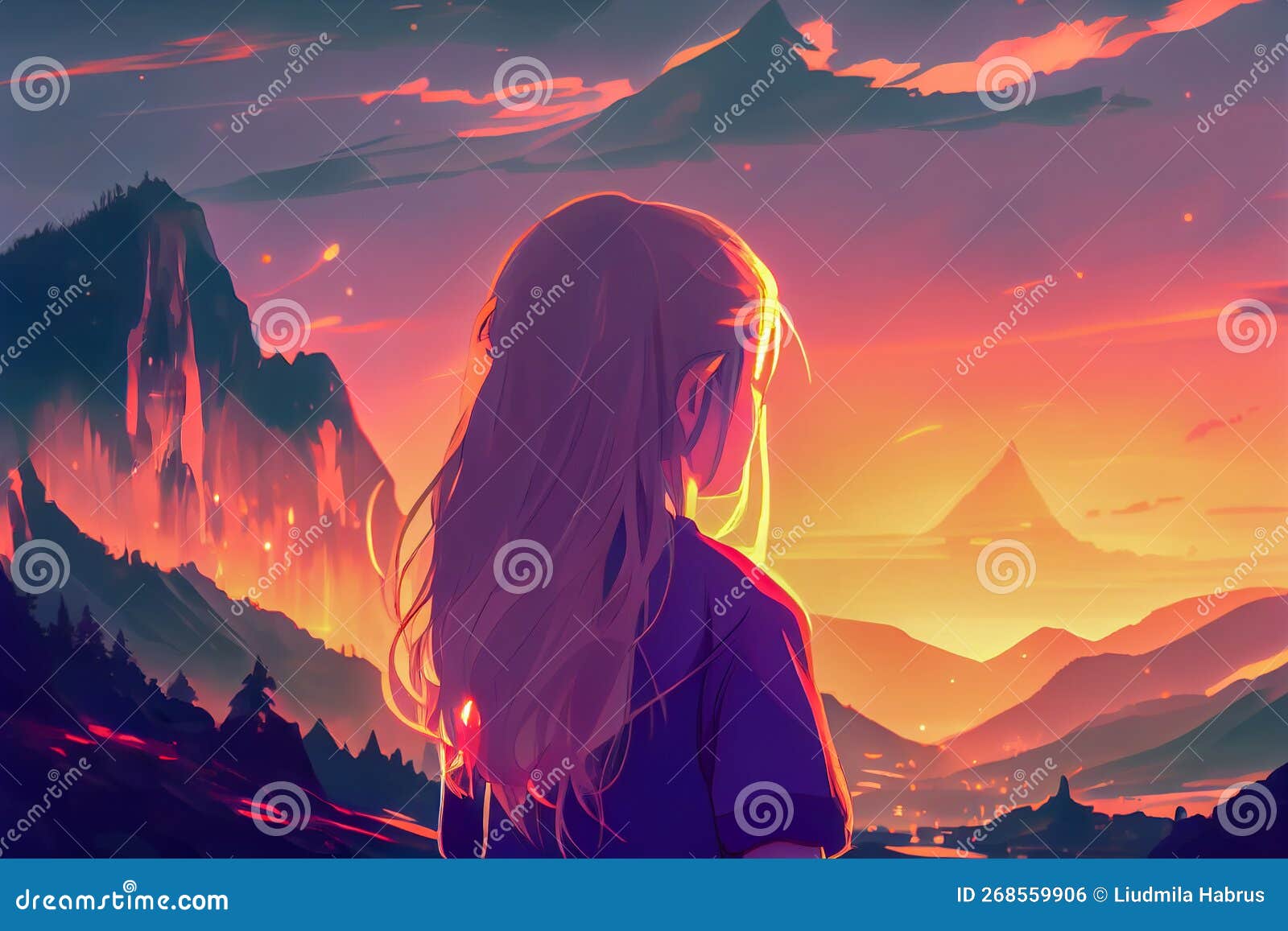 Anime Girl Admiring the Sunset Over the Mountains. Generative AI Stock ... Anime Girl Admiring the Sunset Over the Mountains. Generative AI Stock ...