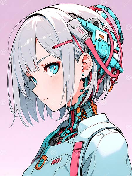 Anime Girl Android with White Hair Stock Illustration - Illustration of ...