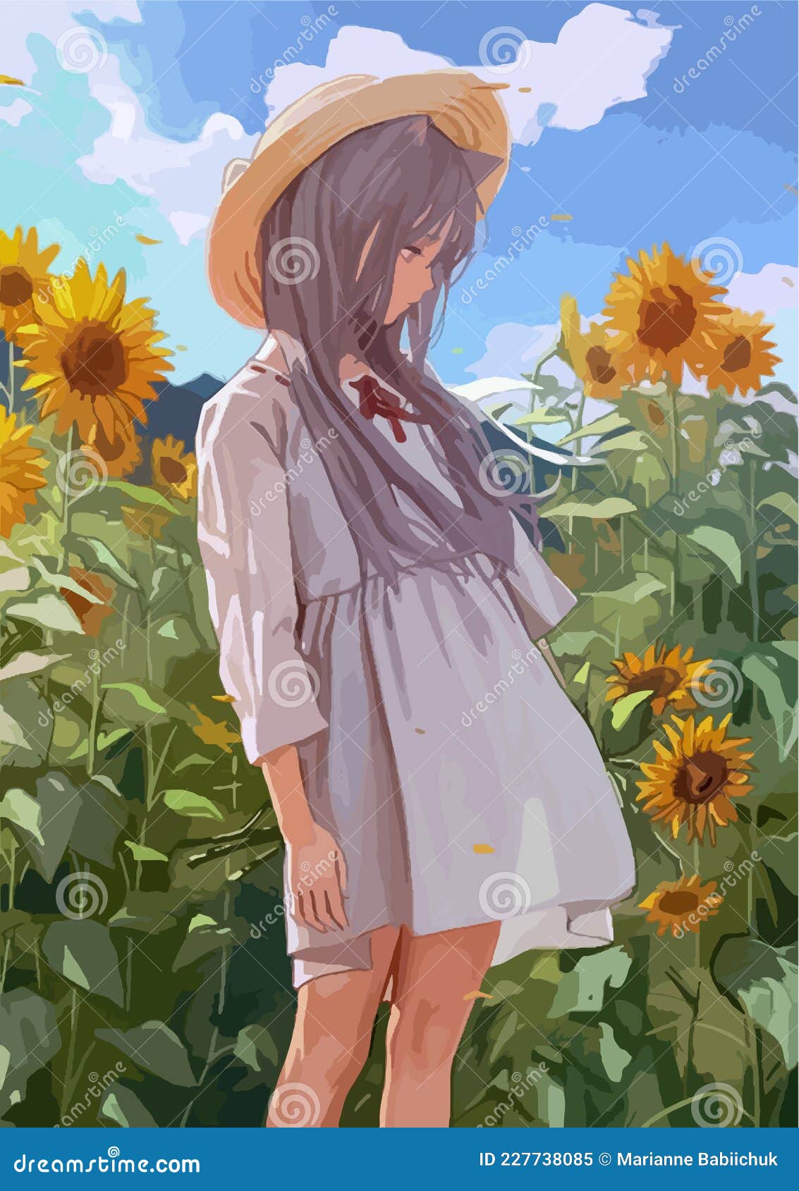 Anime Girl in a Field with Sunflowers Stock Vector - Illustration of ...