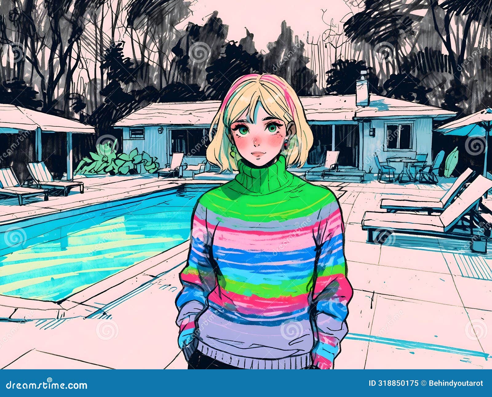 Anime Girl Standing by a Pool in Summer Theme Stock Illustration ...