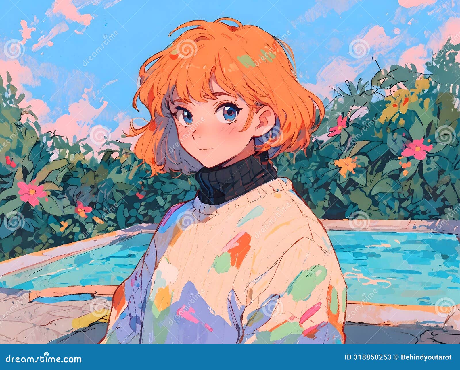 Anime Girl Standing by a Pool in Summer Theme Stock Illustration ...