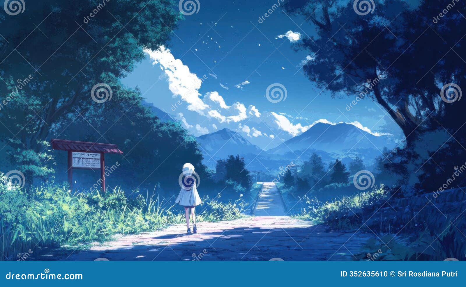 Anime Girl Walking Path Mountain Scenery Stock Illustration ...