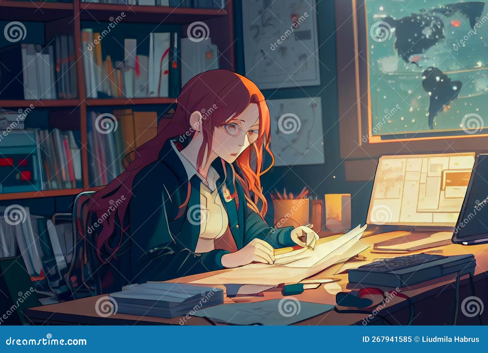 Anime Girl Working at the Table by the Light of a Lamp. Generative AI ...