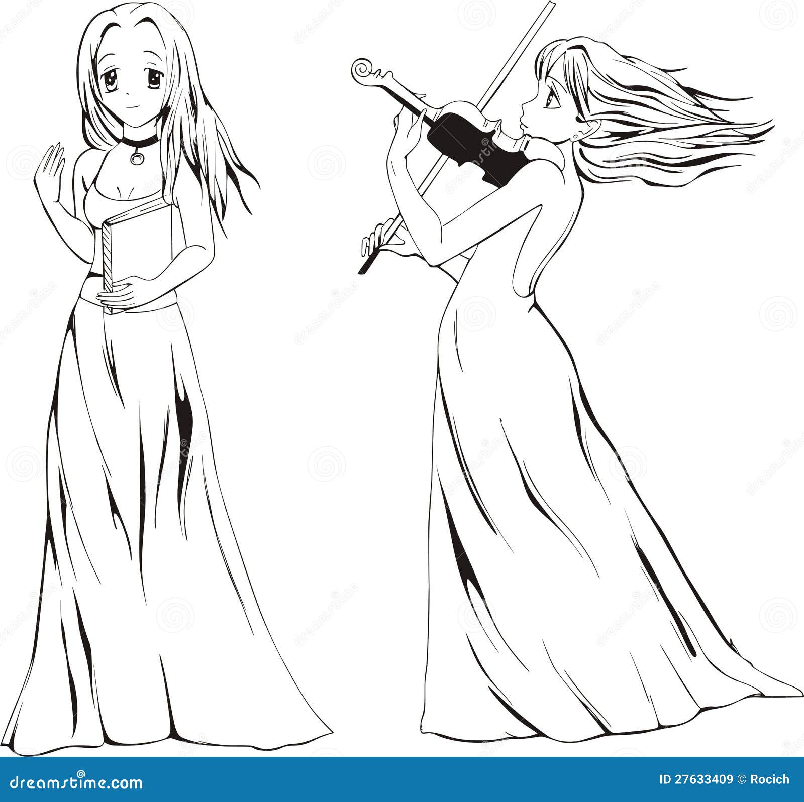 Anime Girls with Book and Violin Stock Vector - Illustration of ...