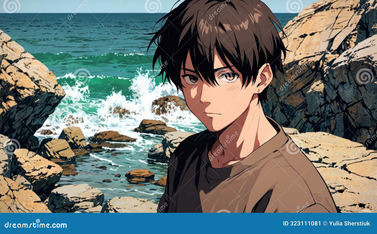 Anime Guy on a Background of Rocks and Sea, Anime Background. Stock ...