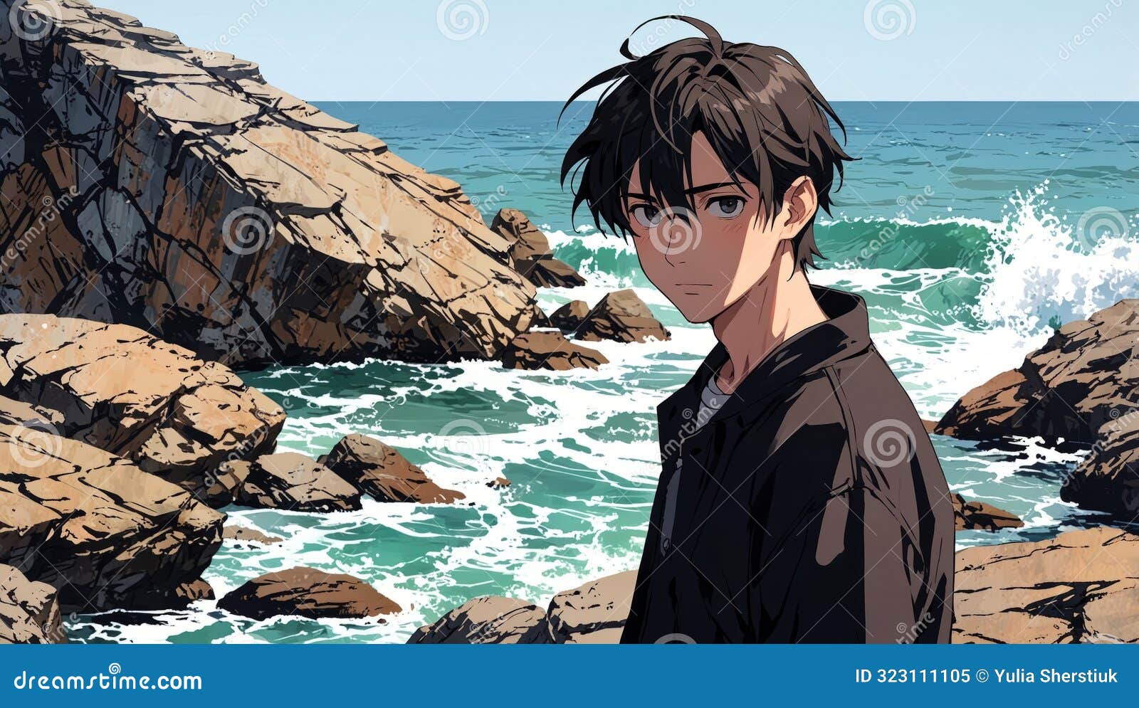 Anime Guy on a Background of Rocks and Sea, Anime Background. Stock ...