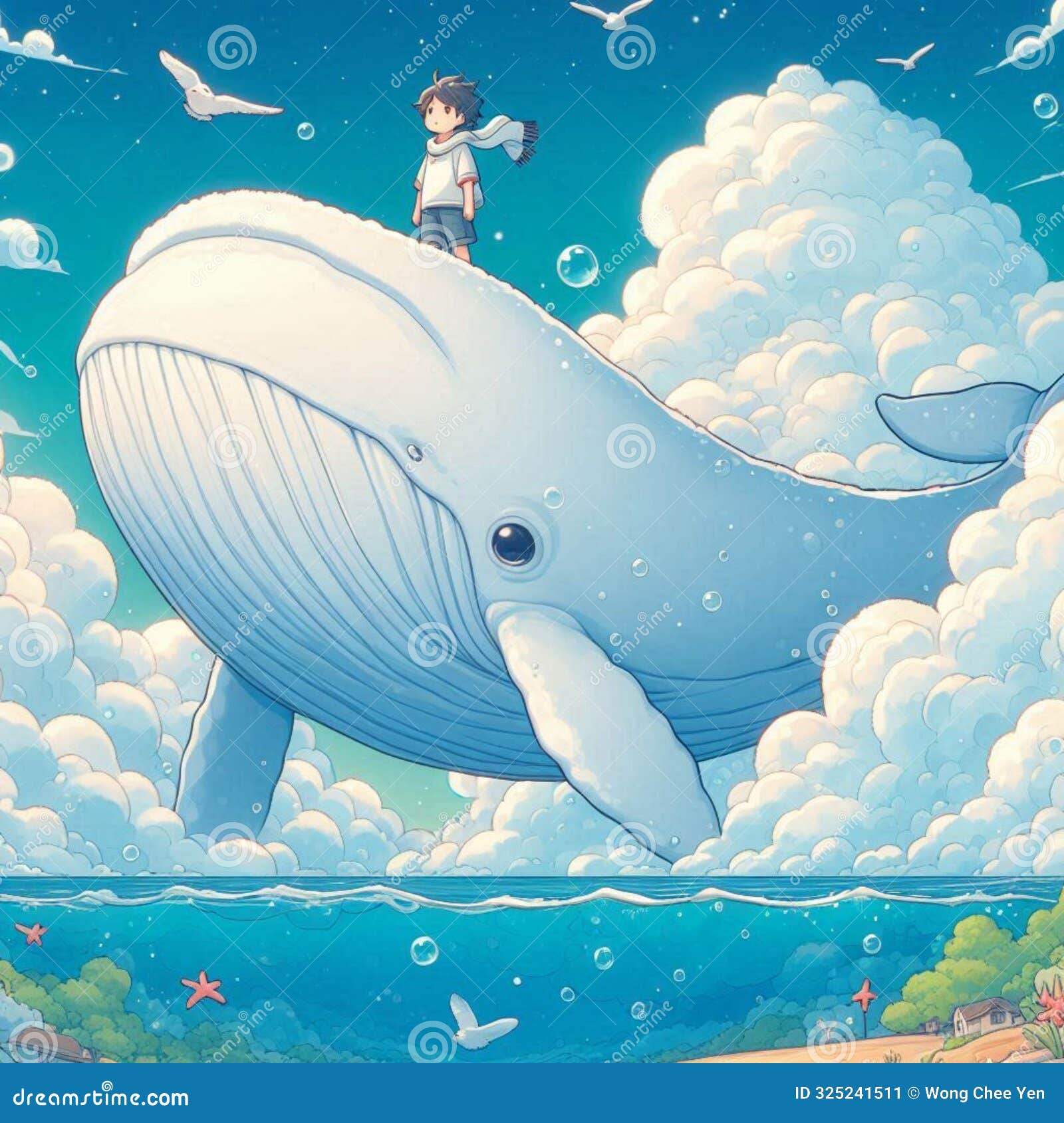 Anime Illustration of Boy on Blue Whale Floating in Sky Illustration ...