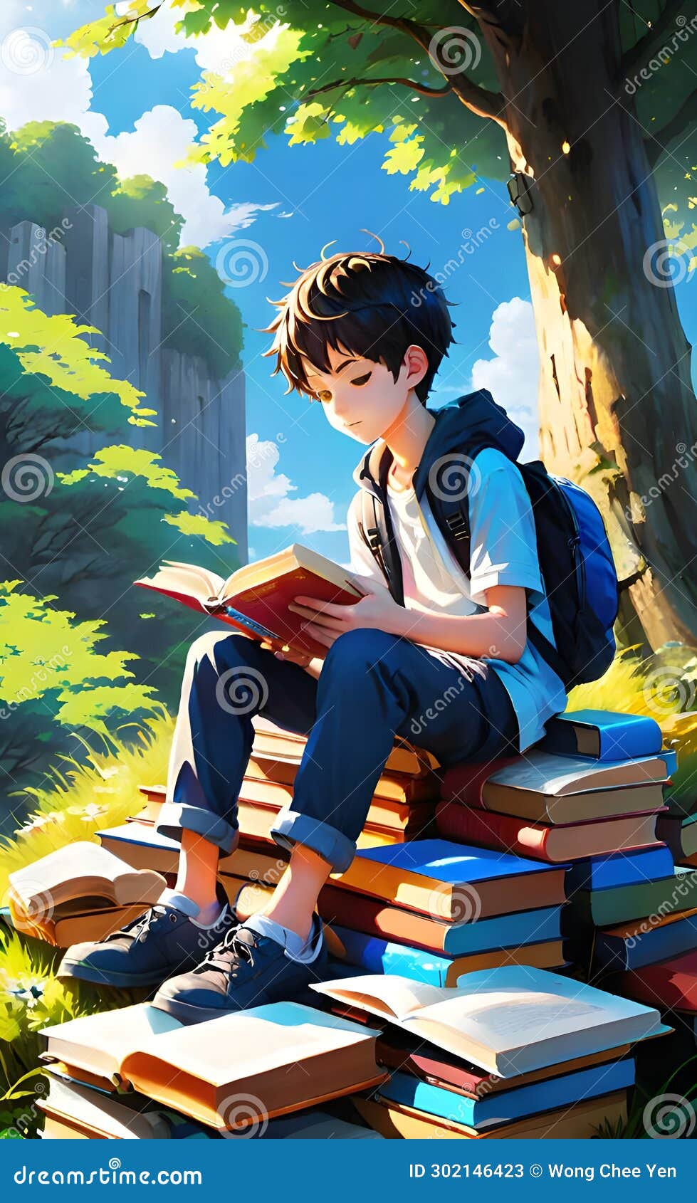 Anime Illustration of Boy Reading Books Under Tree in Nature Stock ...