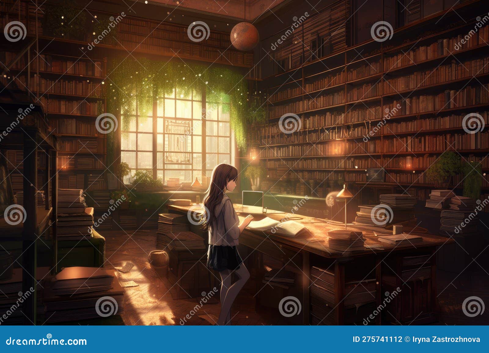 Anime Illustration of Girl Student in the Library. Generative AI Stock ...