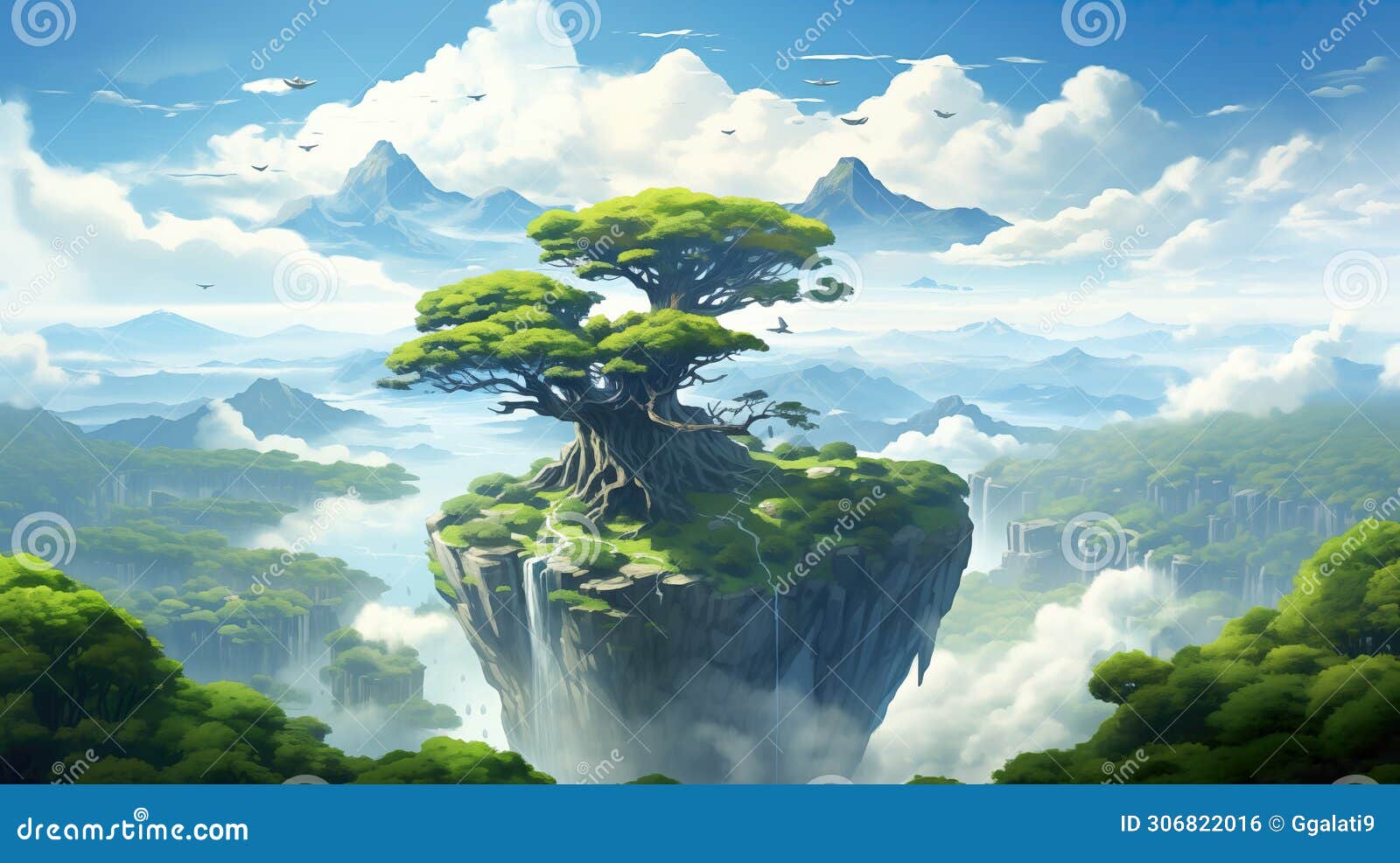 Anime Inspired Flying Tree in the Clouds, Wallpaper Stock Illustration ...