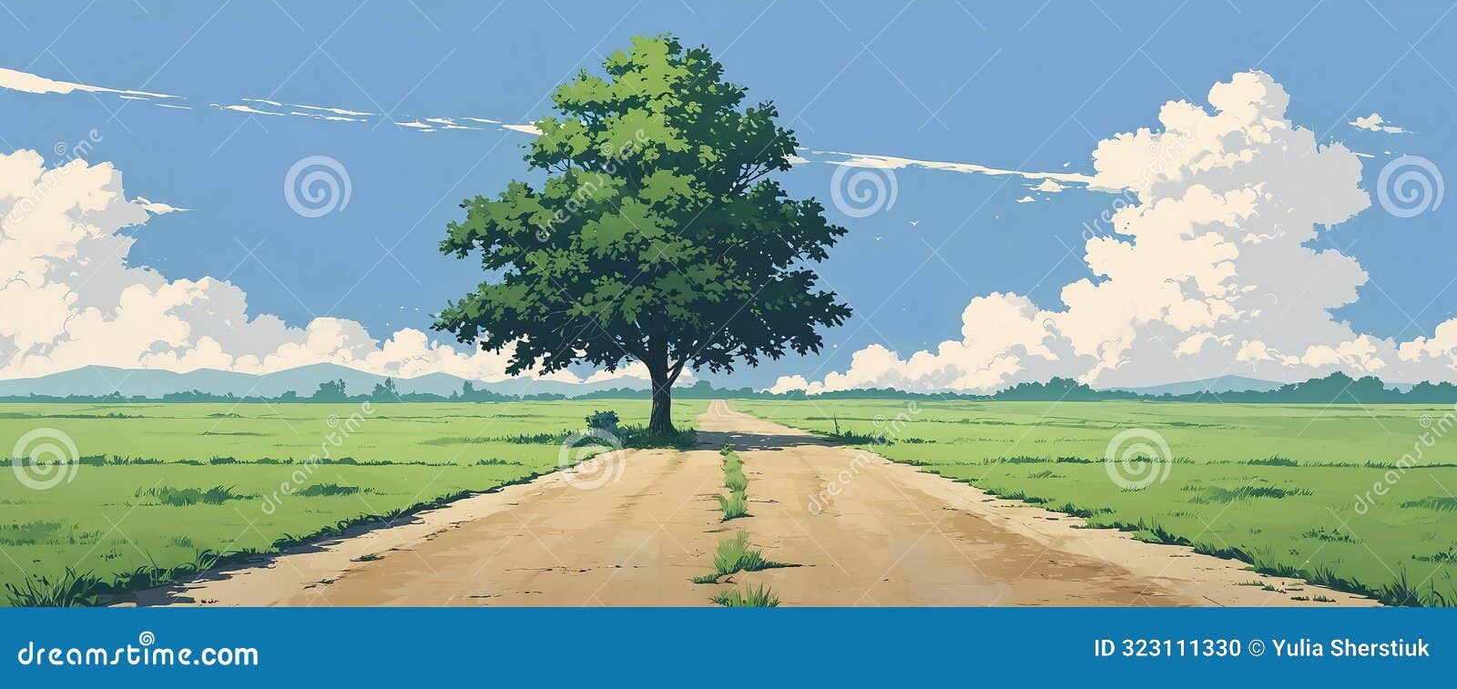 Anime Landscape with a Dirt Road and a Lone Tree. Stock Photo - Image ...