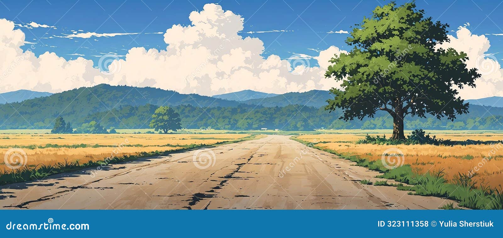 Anime Landscape with a Dirt Road and a Lone Tree. Stock Photo - Image ...