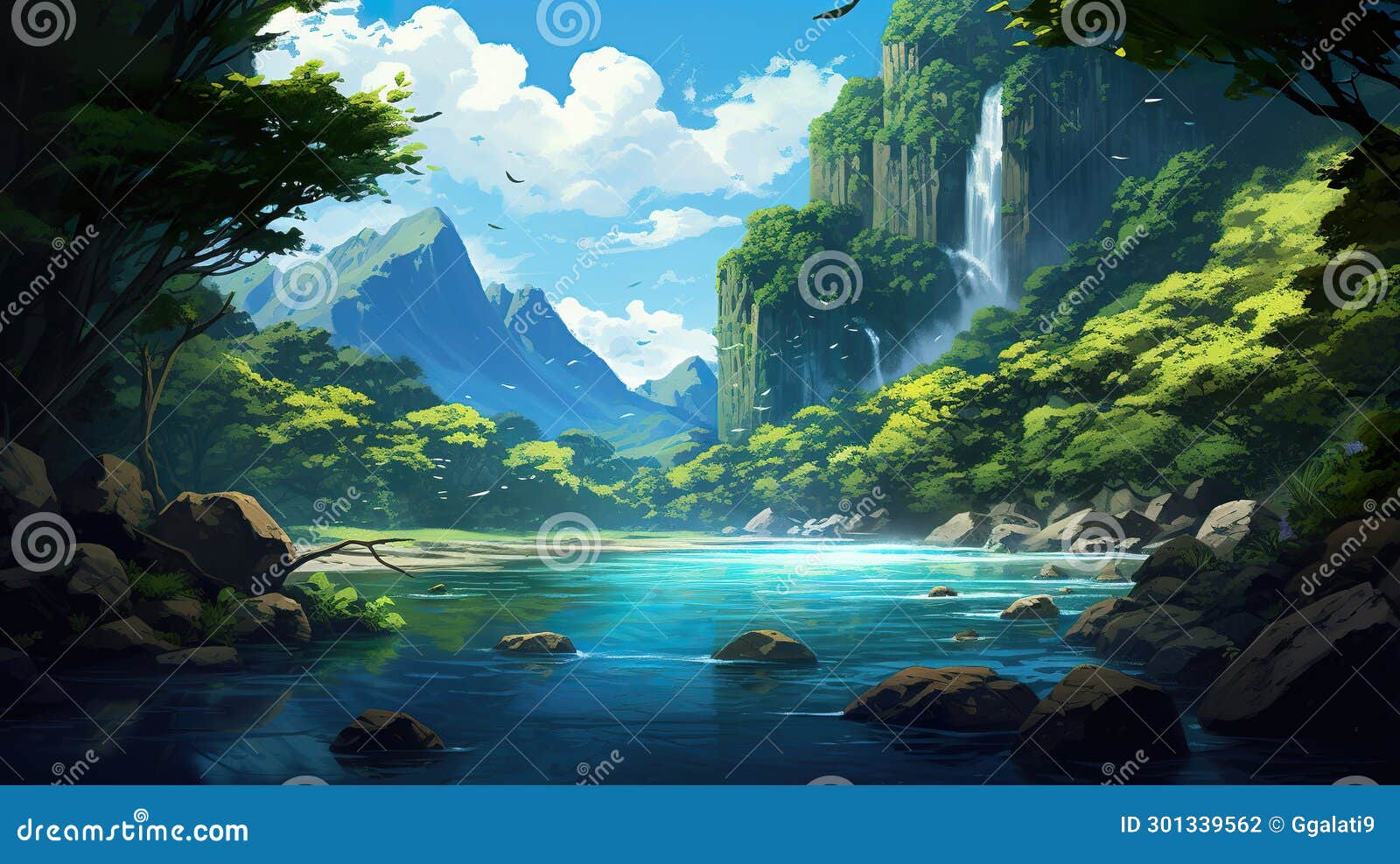 Anime Landscape with a River and a Lake, Mountains in Background Stock ...