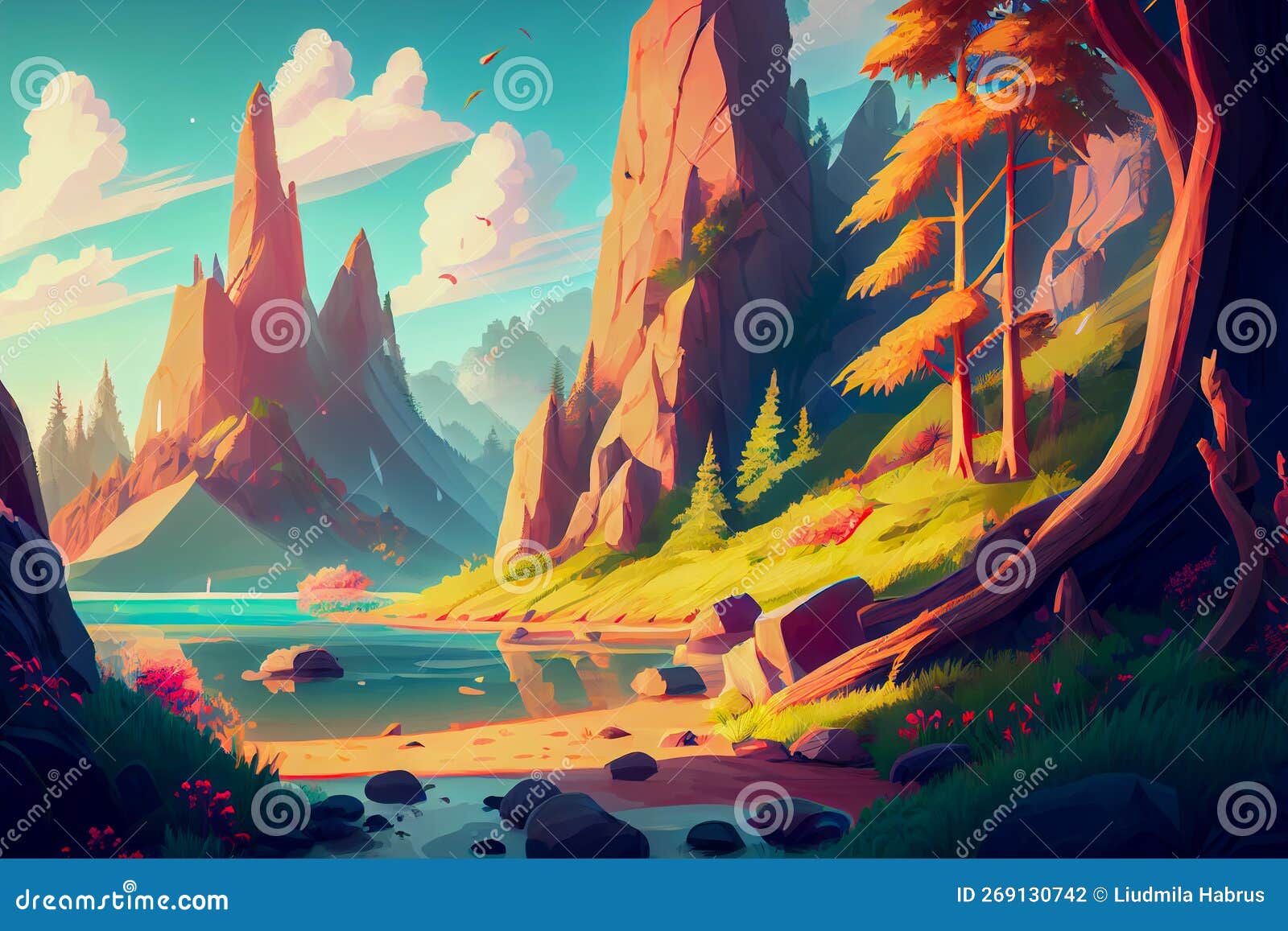 Anime Landscape Trees River and Mountains. Generative AI Stock Photo ...