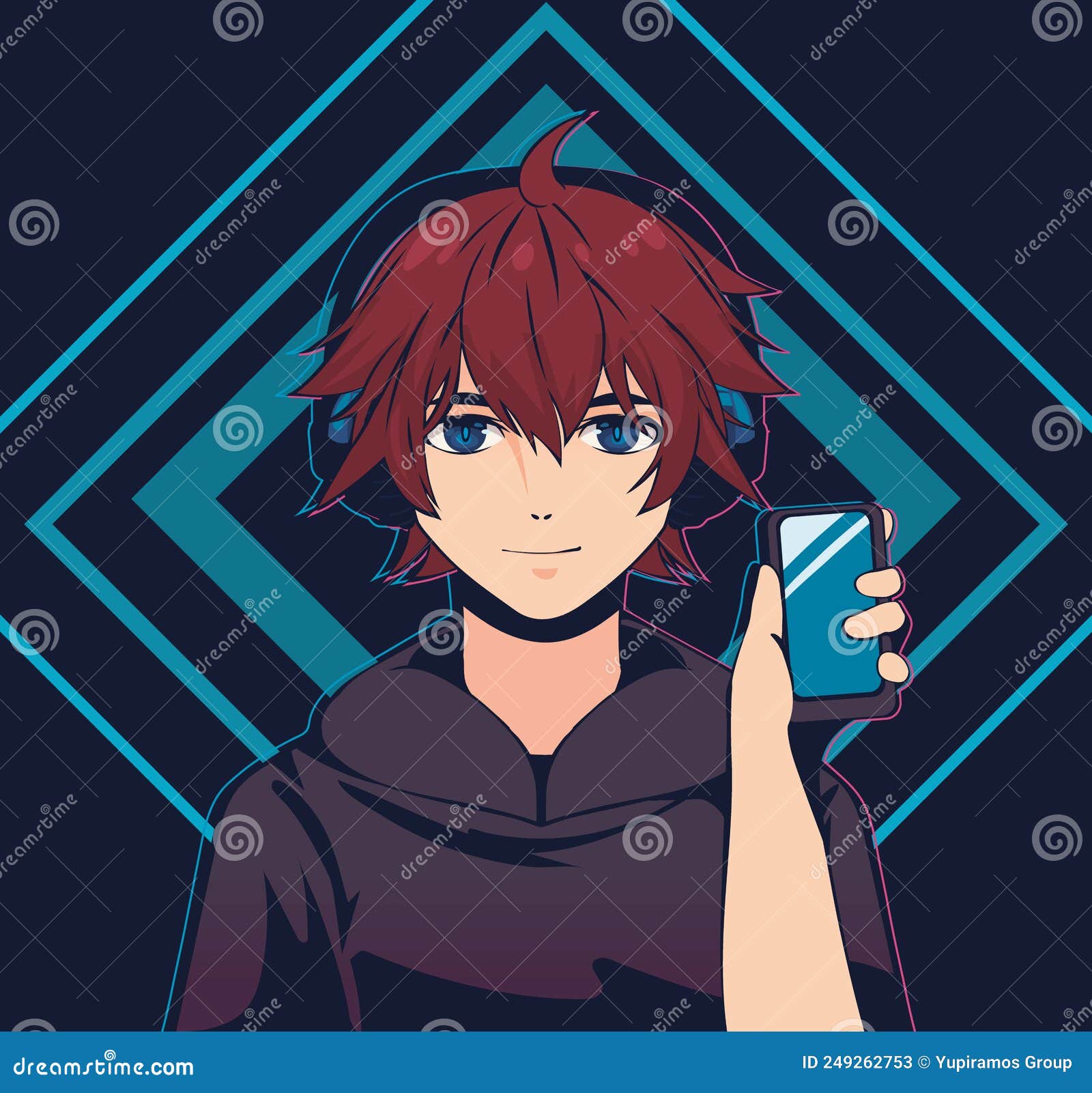 Anime male with smartphone stock vector. Illustration of happy - 249262753