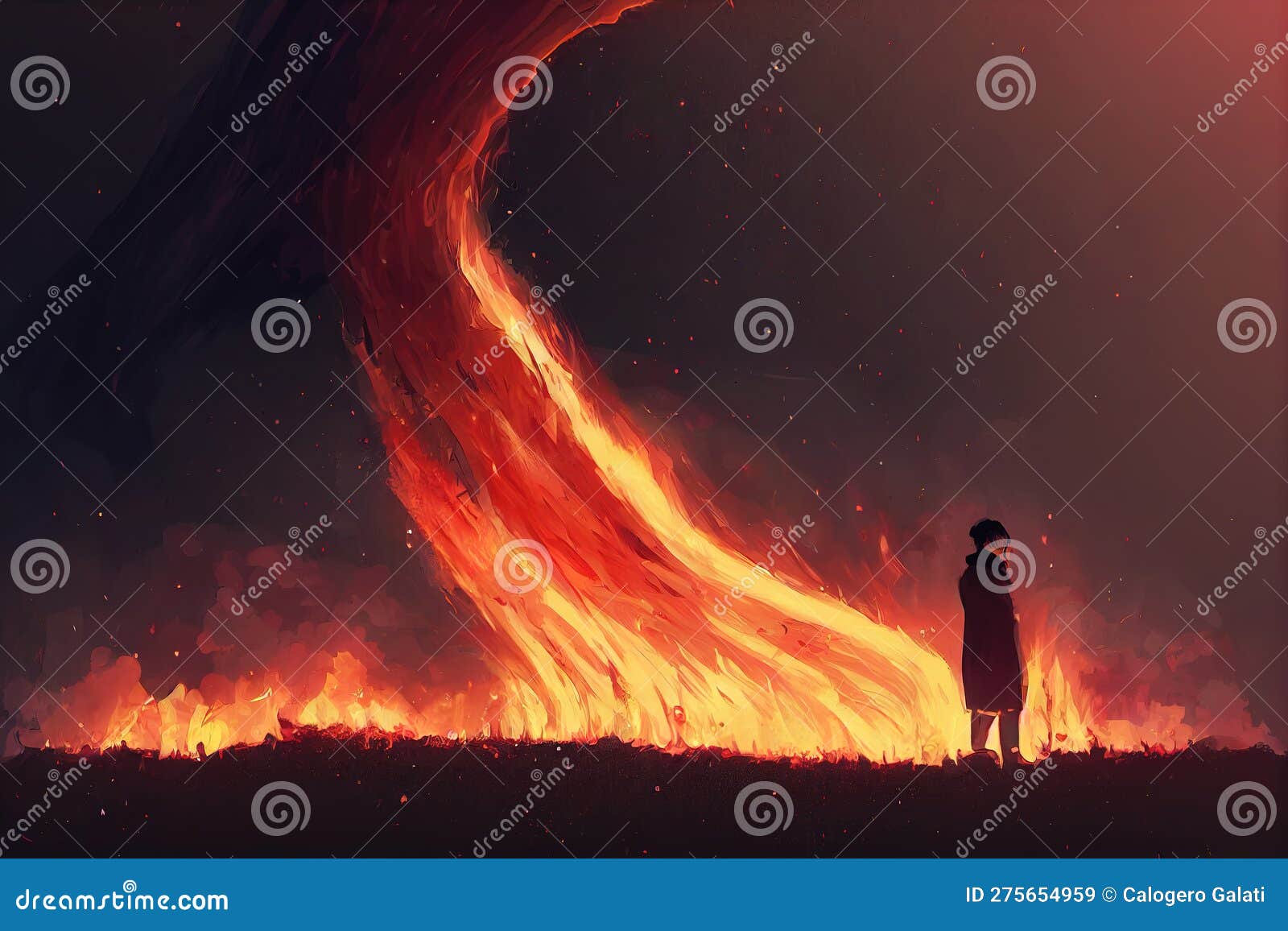 Anime Man Illustration Standing in Front of Burning Land, Ai Generated ...