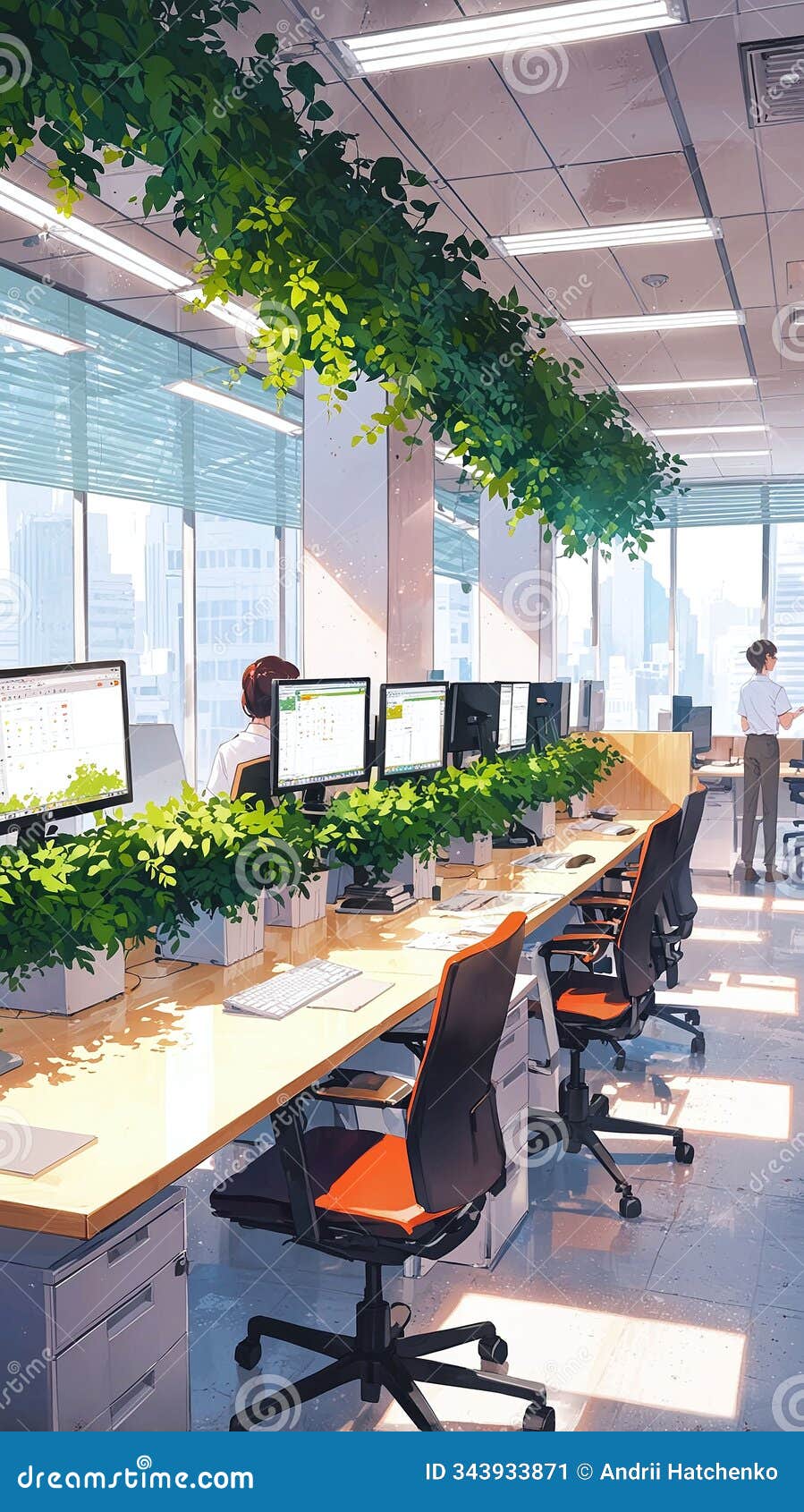 Anime Office Space with Ergonomic Chairs and Greenery for a Modern Feel ...