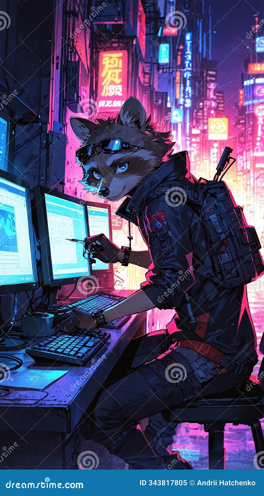 Anime Raccoon Hacker Breaking into a High-tech Security System in a ...