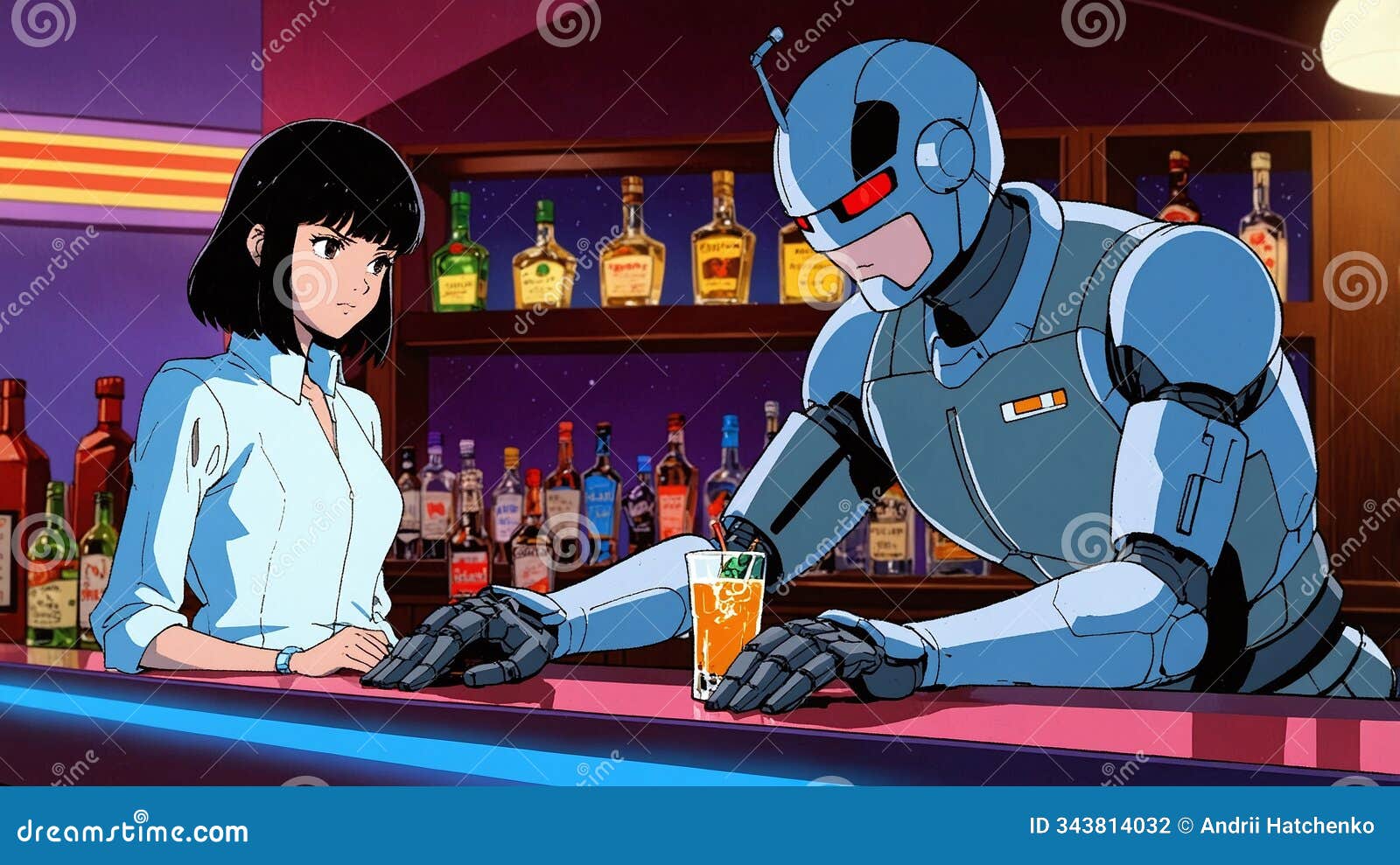 Anime Robot Bartender Serving Drinks in Neon-lit Retro-futuristic Bar ...