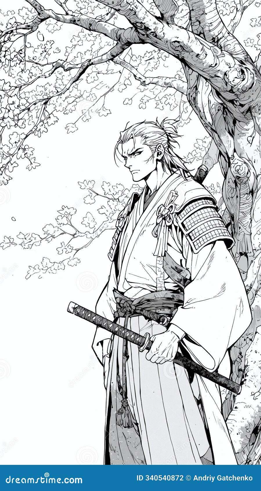 Anime Samurai Standing Under a Cherry Blossom Tree Coloring Page Stock ...