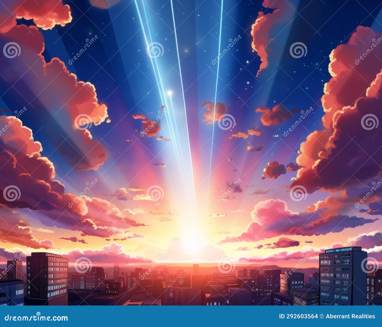 An Anime Scene of the Sun Rising Over a City Stock Illustration ...