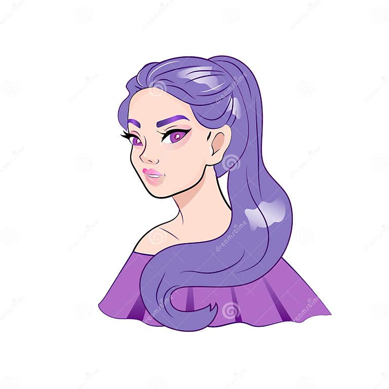 Anime Girl With Purple Hair Isolated Portrait Stock Vector