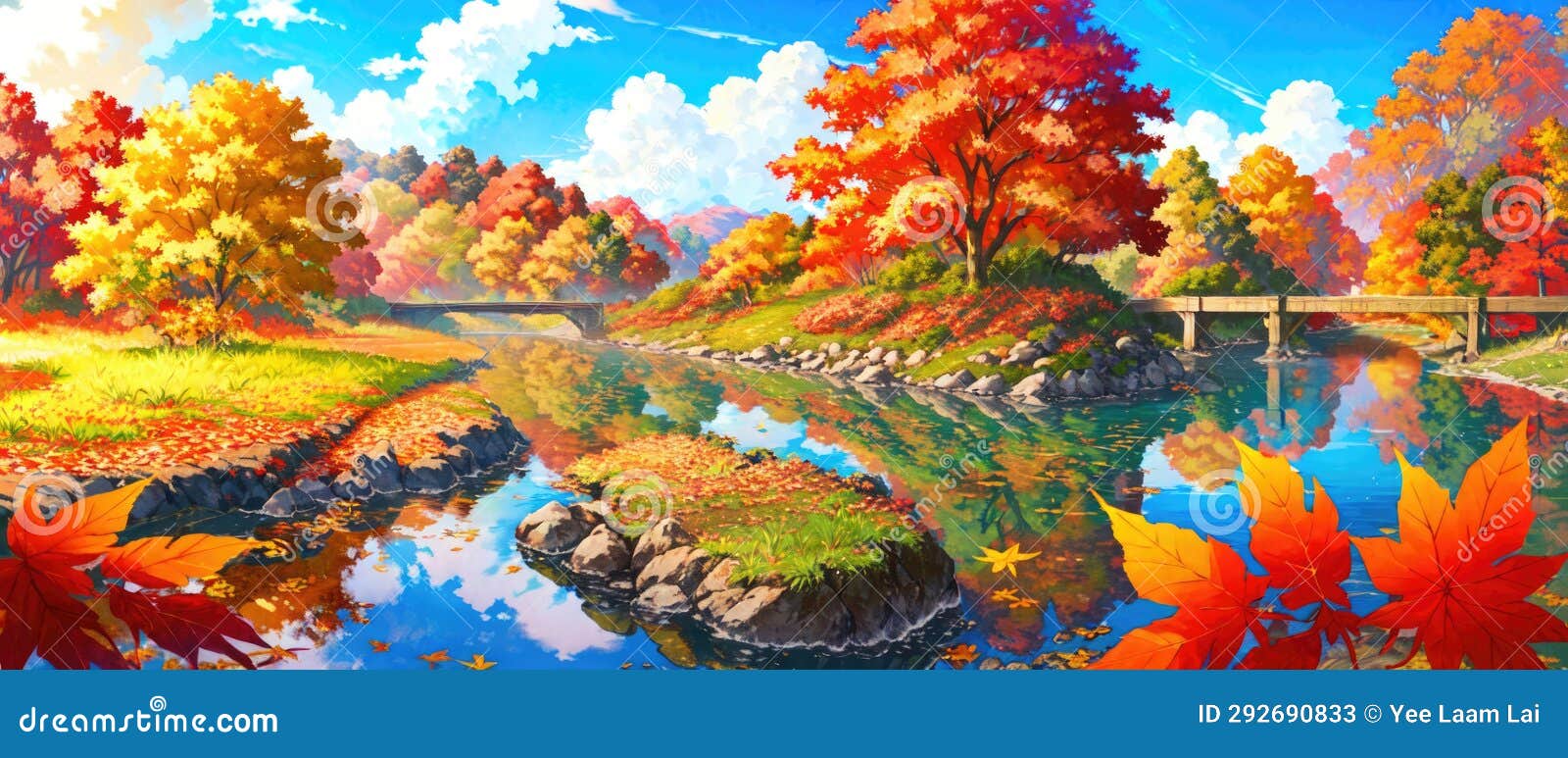 Anime Style Autumn Fall River Landscape, Ai Stock Illustration ...
