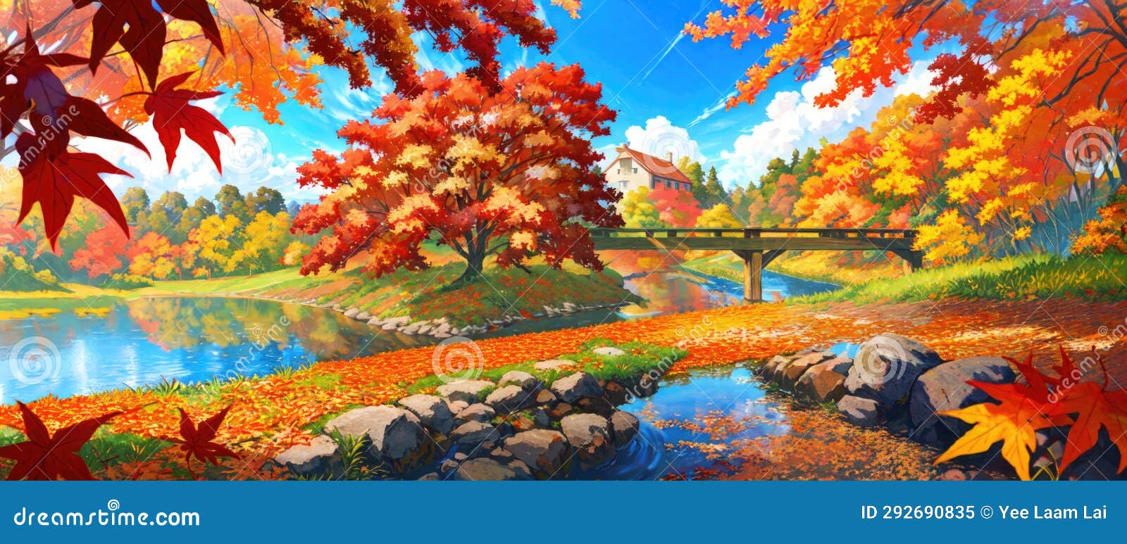 Anime Style Autumn Fall River Landscape, Ai Stock Illustration ...