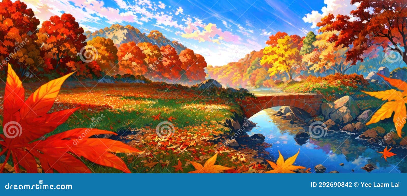Anime Style Autumn Fall River Landscape, Ai Stock Illustration ...