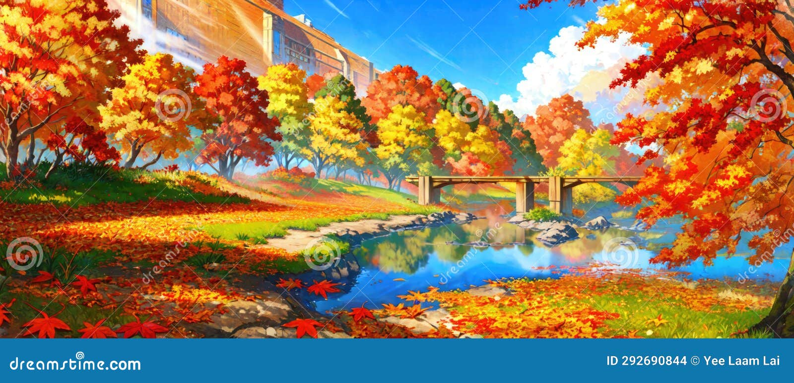 Anime Style Autumn Fall River Landscape, Ai Stock Illustration ...