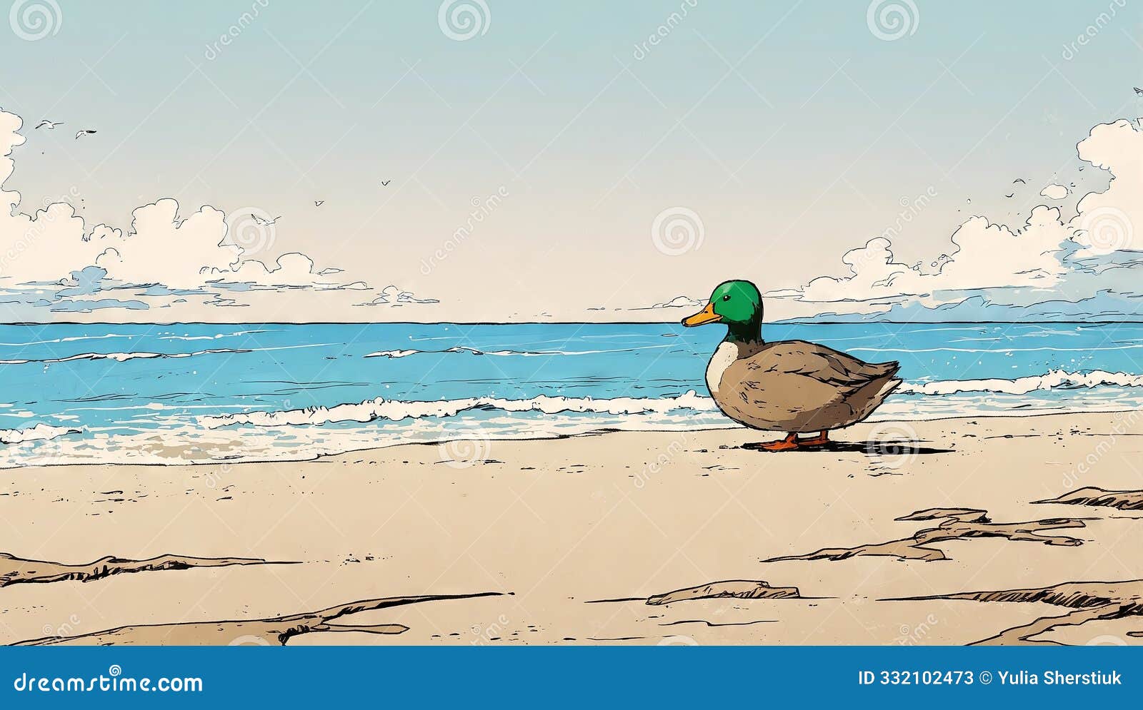 Anime Style Background, a Duck on the Beach. Anime Style Stock Image ...