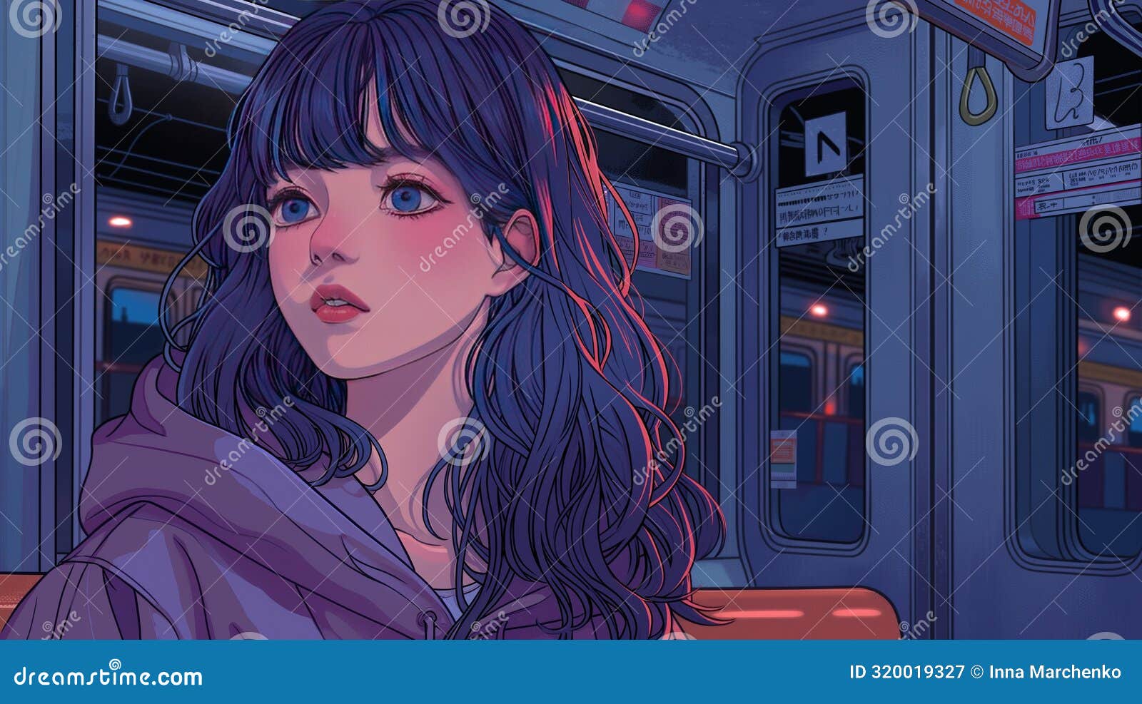 An Anime-style Depiction of a Girl in the Subway Stock Illustration ...