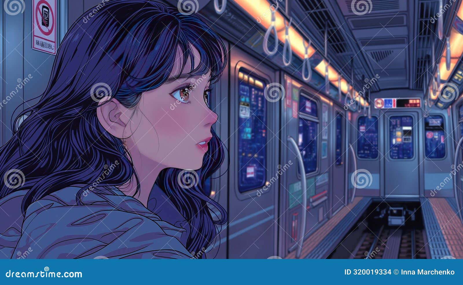 An Anime-style Depiction of a Girl in the Subway Stock Illustration ...