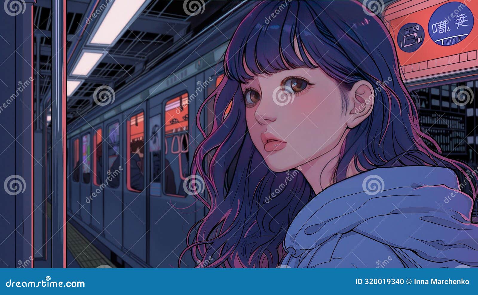 An Anime-style Depiction of a Girl in the Subway Stock Illustration ...